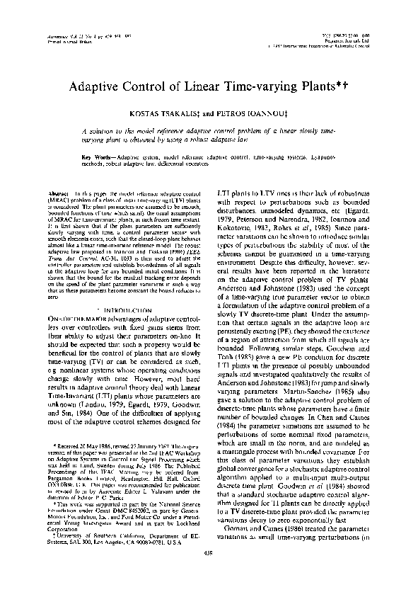 (PDF) Adaptive control of linear time-varying plants | Petros Ioannou - Academia.edu