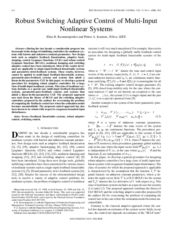 (PDF) Robust switching adaptive control of multi-input nonlinear systems