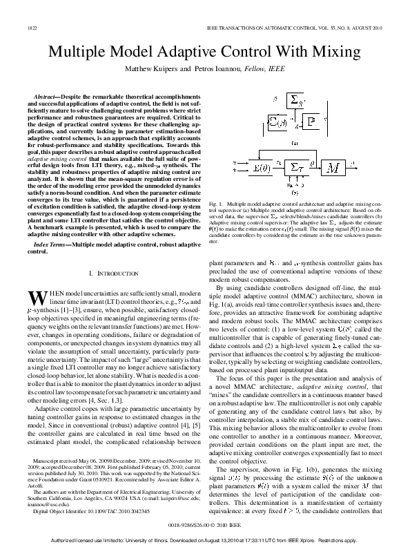 Pdf Multiple Model Adaptive Control With Mixing