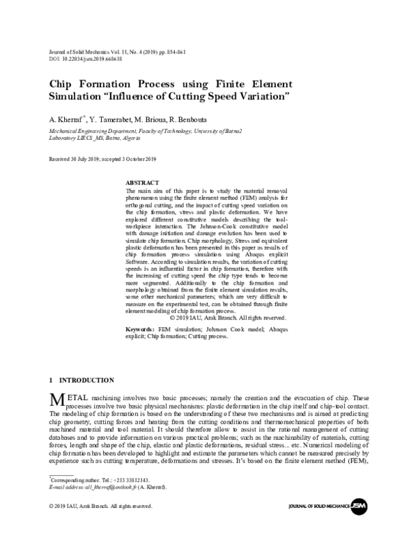 Pdf Chip Formation Process Using Finite Element Simulation “influence