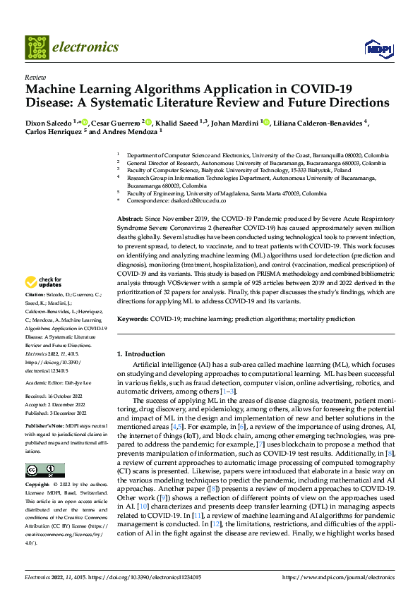 (PDF) Machine Learning Algorithms Application in COVID-19 Disease: A Systematic Literature ...