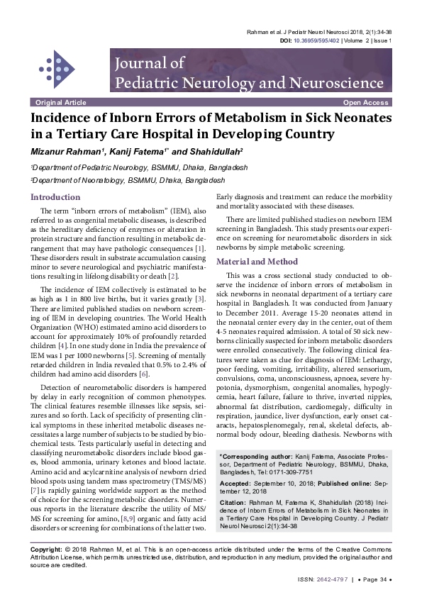 (PDF) Incidence of Inborn Errors of Metabolism in Sick Neonates in a ...