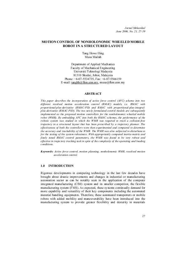 (PDF) Motion Control of Nonholonomic Wheeled Mobile Robot in a Structured Layout | musa mailah ...