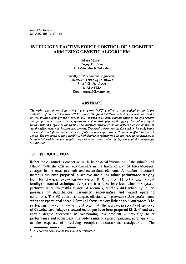Pdf Intelligent Active Force Control Of A Robotic Arm Using Genetic