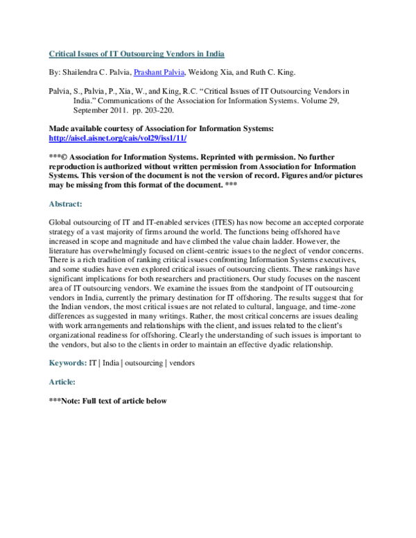 (PDF) Critical Issues of IT Outsourcing Vendors in India