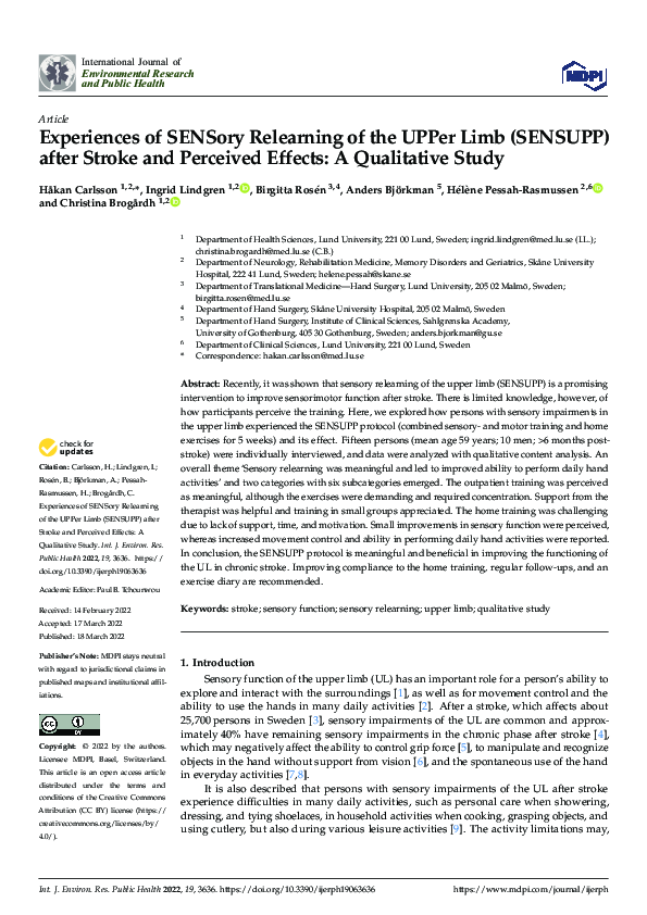 (PDF) Experiences of SENSory Relearning of the UPPer Limb (SENSUPP) after Stroke and Perceived ...