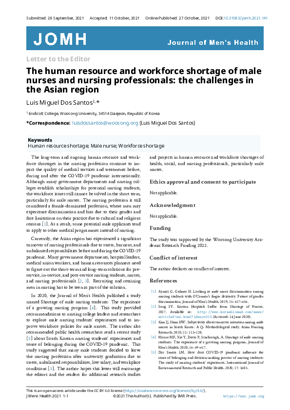 (PDF) The human resource and workforce shortage of male nurses and ...