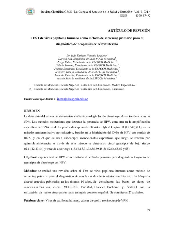 (PDF) TEST de virus papiloma humano como método de screening primario ...