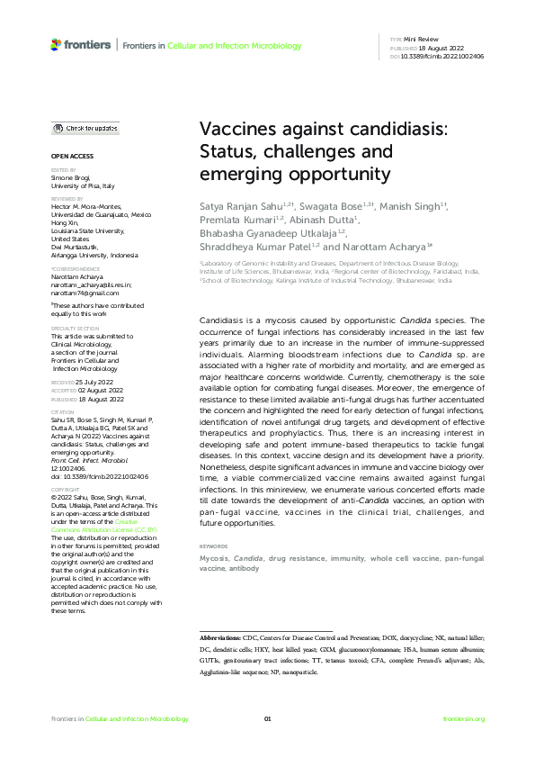 (PDF) Vaccines against candidiasis: Status, challenges and emerging opportunity