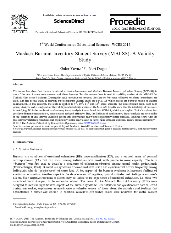 (PDF) Maslach Burnout Inventory-Student Survey (MBI-SS): A Validity Study