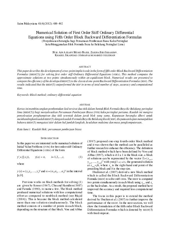 Pdf Numerical Solution Of First Order Stiff Ordinary Differential Equations Using Fifth Order 6679