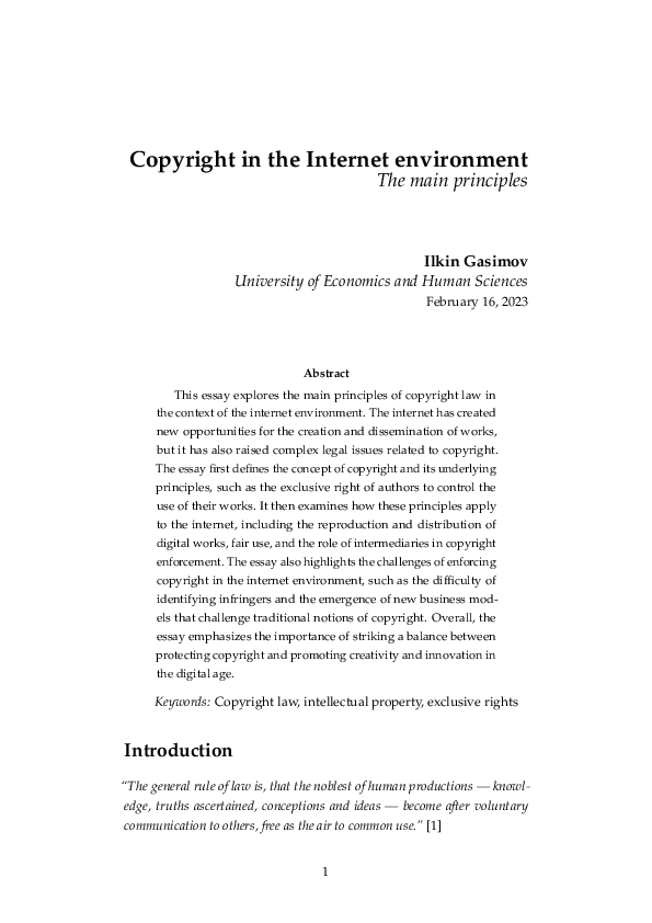 (PDF) Copyright in the Internet environment - The main principles