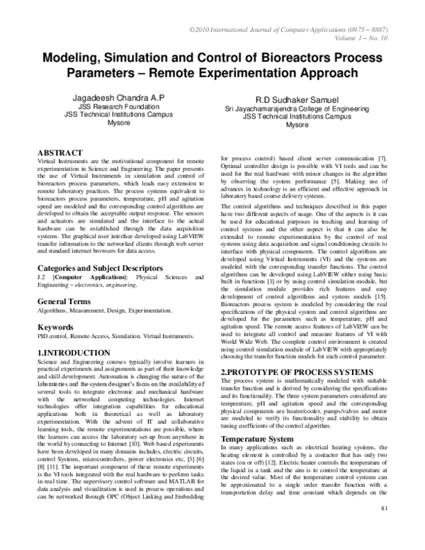(PDF) Modeling, Simulation and Control of Bioreactors Process Parameters - Remote ...