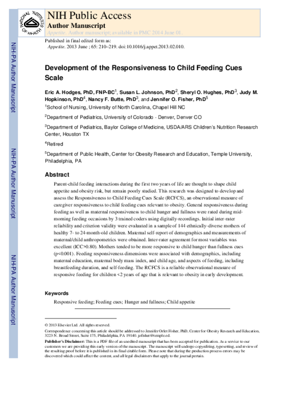 (PDF) Development of the responsiveness to child feeding cues scale