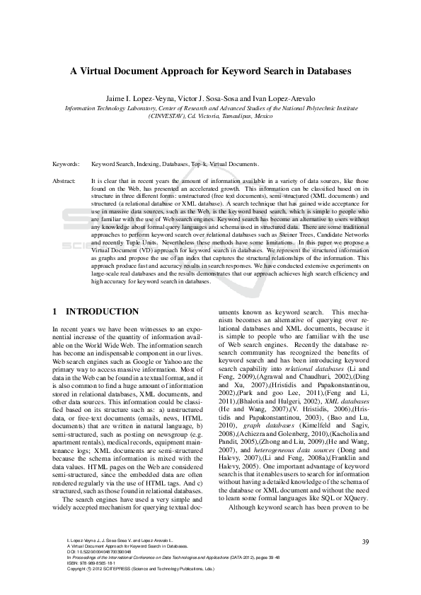 (PDF) A Virtual Document Approach for Keyword Search in Databases