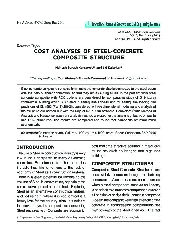 Pdf Cost Analysis Of Steel Concrete Composite Structure