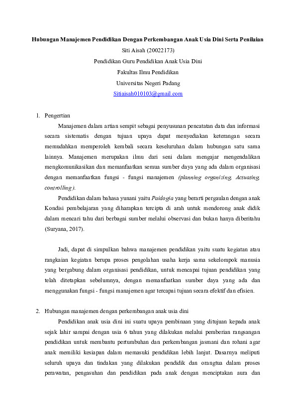 (DOC) Hubungan Manajemen Pendidikan Dengan Perkembangan Anak Usia Dini Serta Penilaian