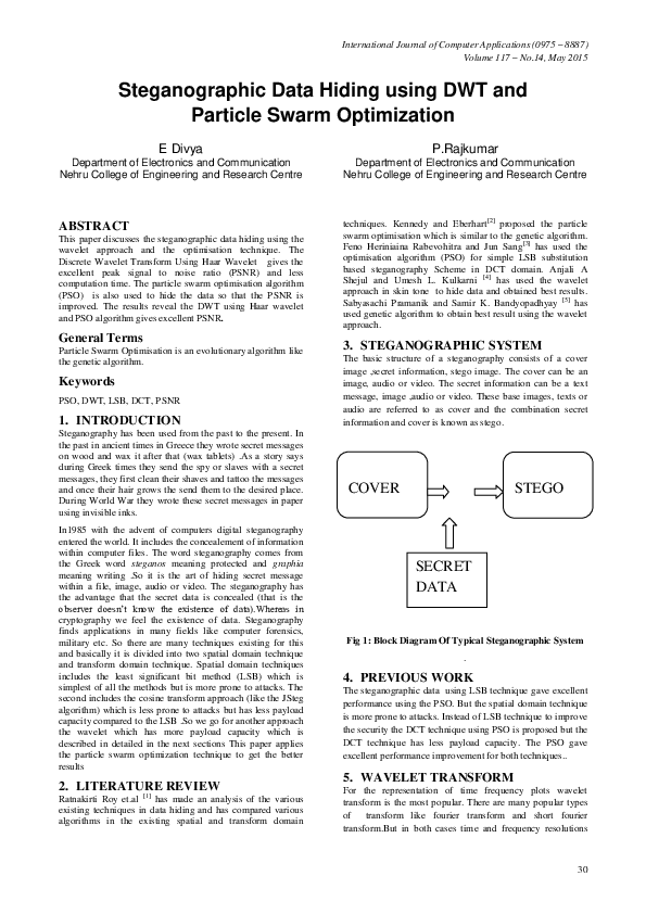 Pdf Steganographic Data Hiding Using Dwt And Particle Swarm Optimization 