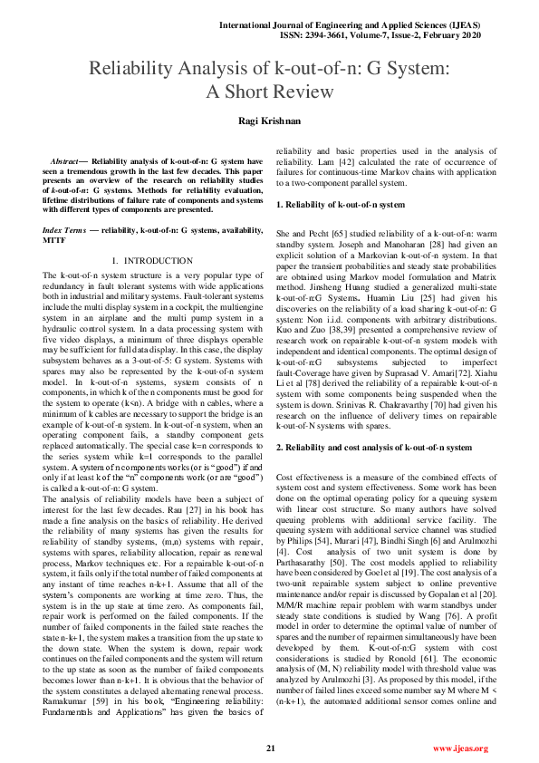 (PDF) Reliability Analysis of k-out-of-n: G System: A Short Review