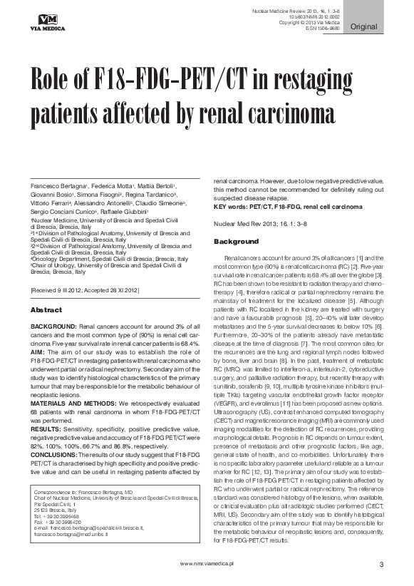 (PDF) Role of F18-FDG-PET/CT in restaging patients affected by renal carcinoma