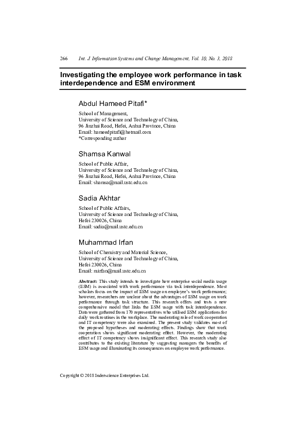 (PDF) Investigating the employee work performance in task interdependence and ESM environment