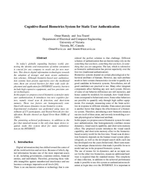 Pdf Cognitive Based Biometrics System For Static User Authentication