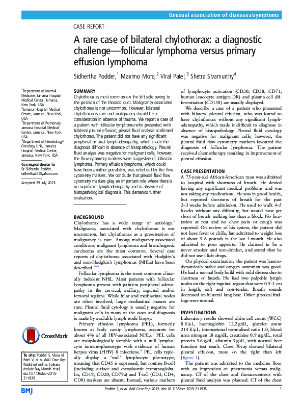 (PDF) A rare case of bilateral chylothorax: a diagnostic challenge—follicular lymphoma versus ...