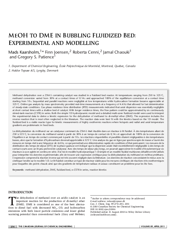 (PDF) MeOH to DME in bubbling fluidized bed: Experimental and modelling