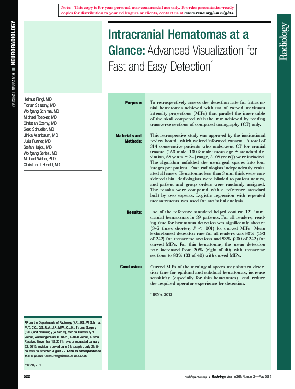 (PDF) Intracranial Hematomas at a Glance: Advanced Visualization for Fast and Easy Detection