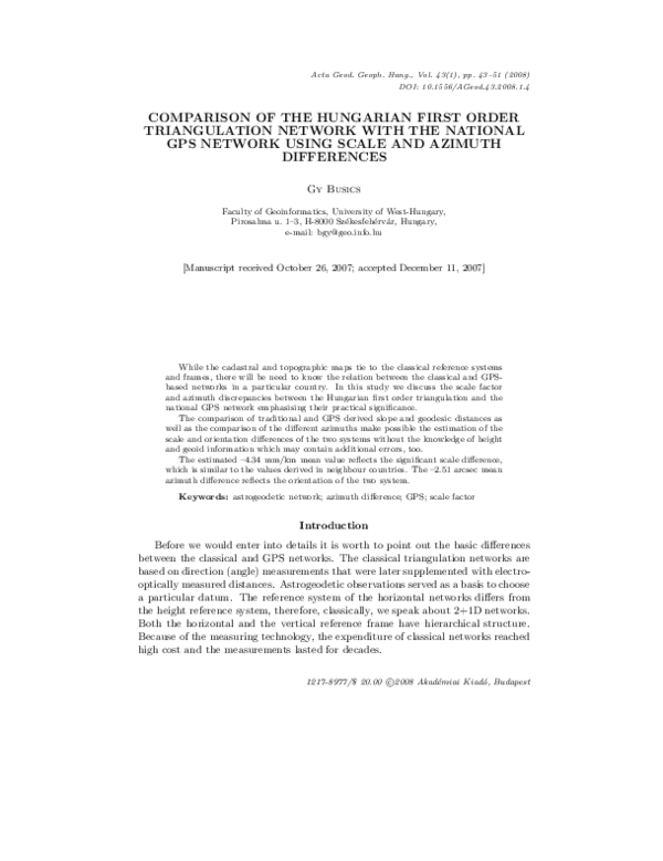 (PDF) Comparison of the Hungarian first order triangulation network ...