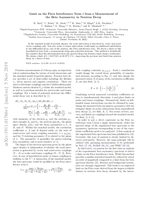 (PDF) Limit on the Fierz Interference Term b from a Measurement of the Beta Asymmetry in Neutron ...