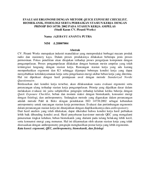 (PDF) EVALUASI ERGONOMI DENGAN METODE QUICK EXPOSURE CHECKLIST ...