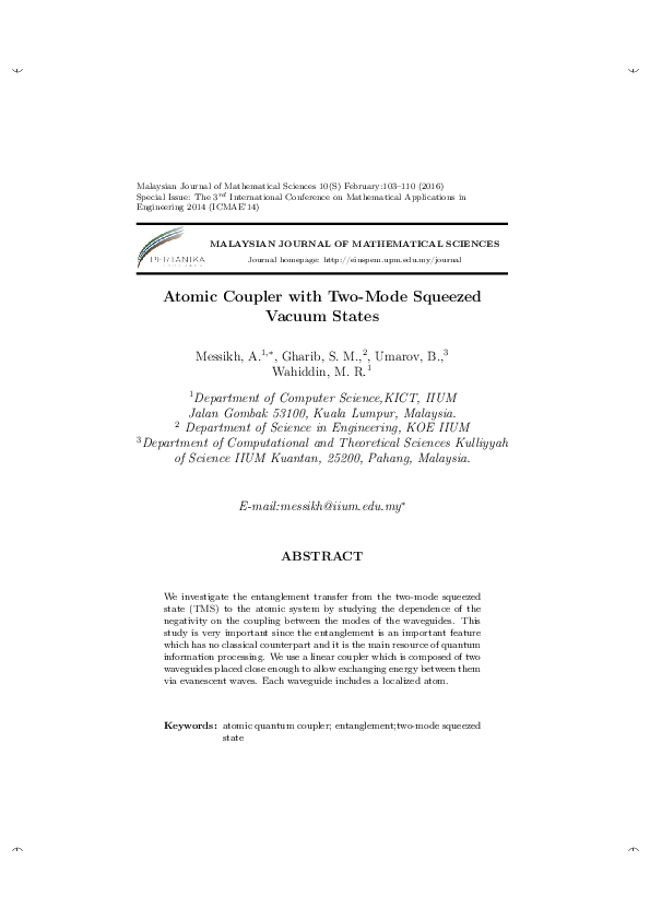 (PDF) Atomic coupler with two-mode squeezed vacuum states