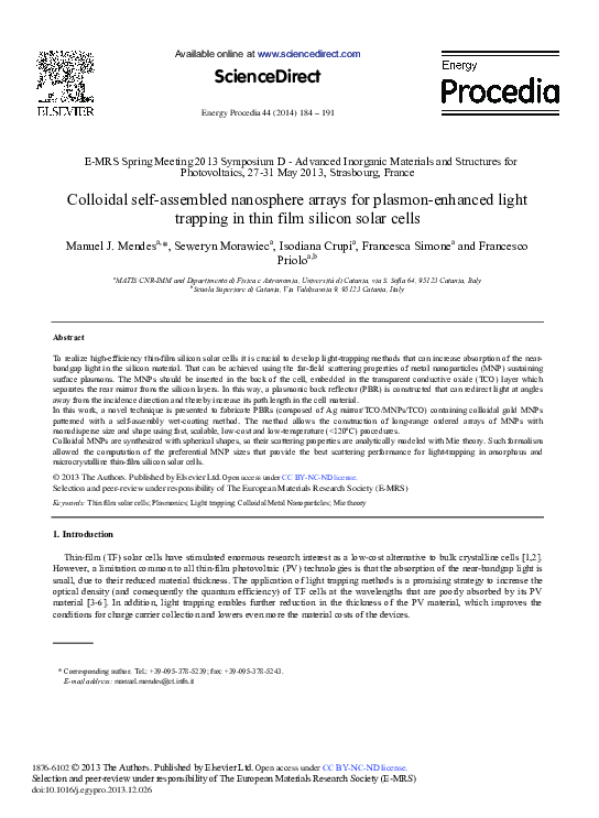 (PDF) Colloidal Self-assembled Nanosphere Arrays for Plasmon-enhanced Light Trapping in Thin ...