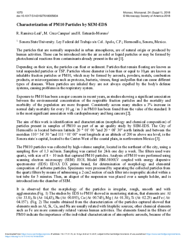 (PDF) Characterization of PM10 Particles by SEM-EDS