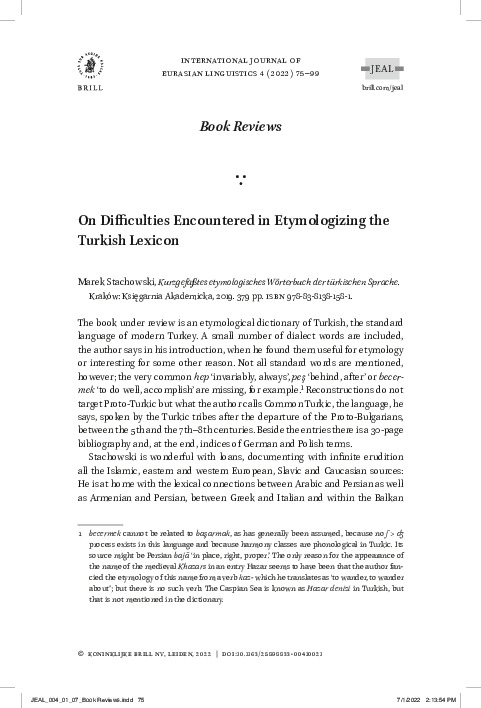 (PDF) On Difficulties Encountered in Etymologizing the Turkish Lexicon