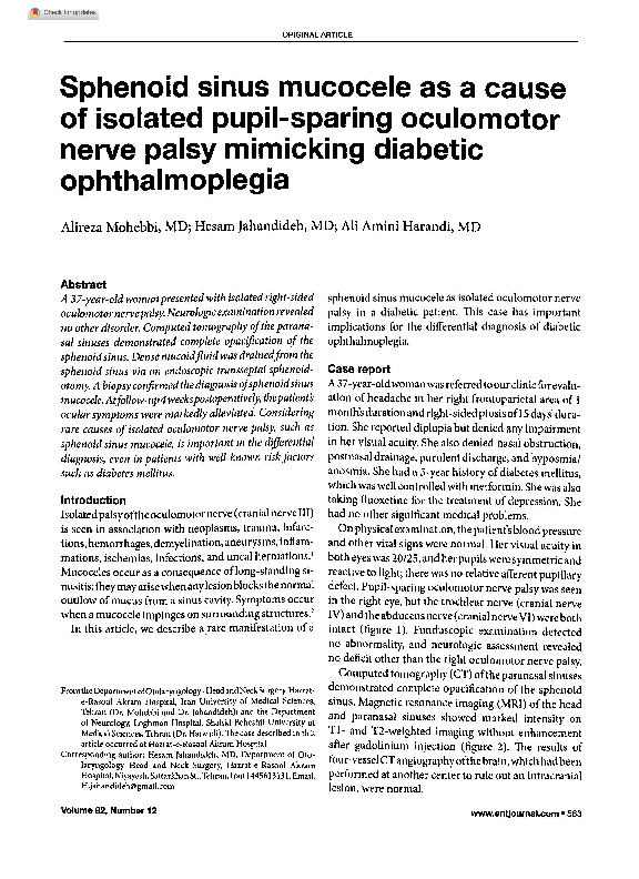 (PDF) Sphenoid Sinus Mucocele as a Cause of Isolated Pupil-Sparing ...