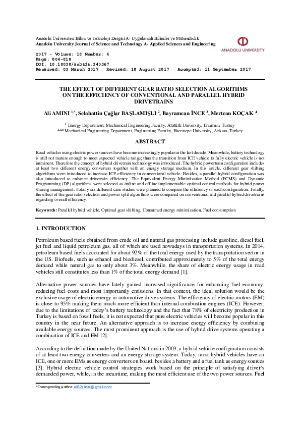 Pdf The Effect Of Different Gear Ratio Selection Algorithms On The Efficiency Of Conventional