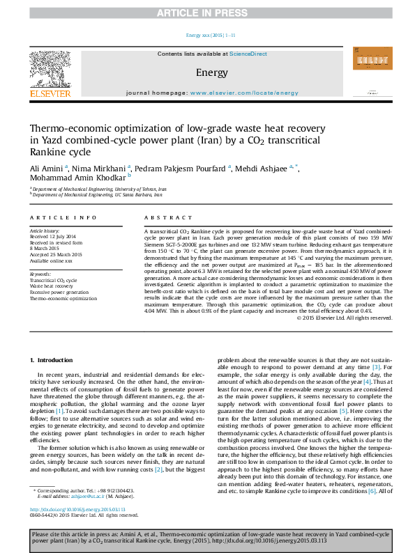 (PDF) Thermo-economic optimization of low-grade waste heat recovery in ...