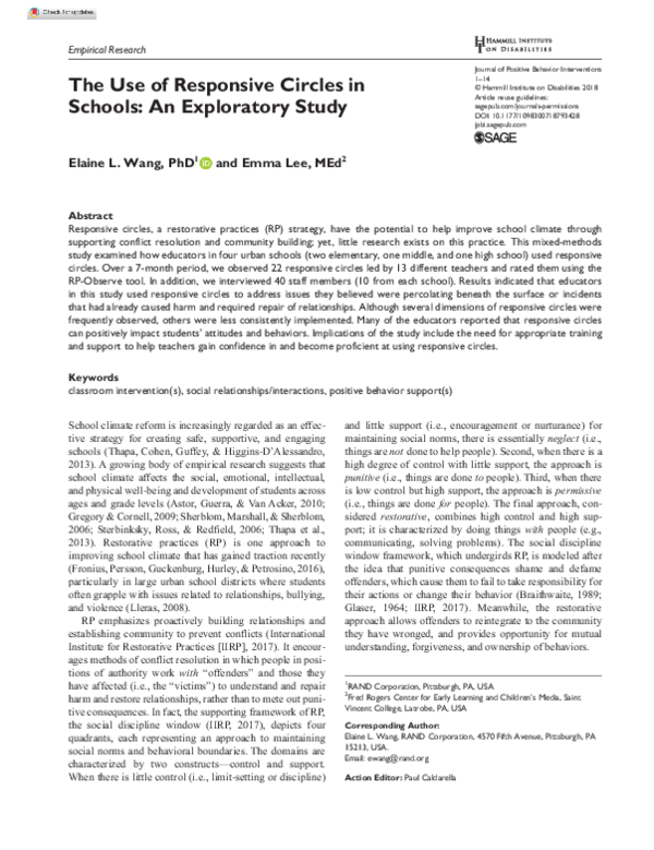 (PDF) The Use of Responsive Circles in Schools: An Exploratory Study (PDF) The Use of Responsive Circles in Schools: An Exploratory Study