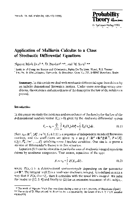 (PDF) Application of Malliavin calculus to a class of stochastic differential equations