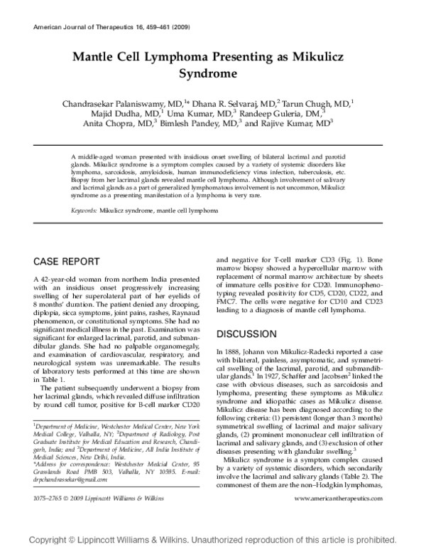 (PDF) Mantle Cell Lymphoma Presenting as Mikulicz Syndrome