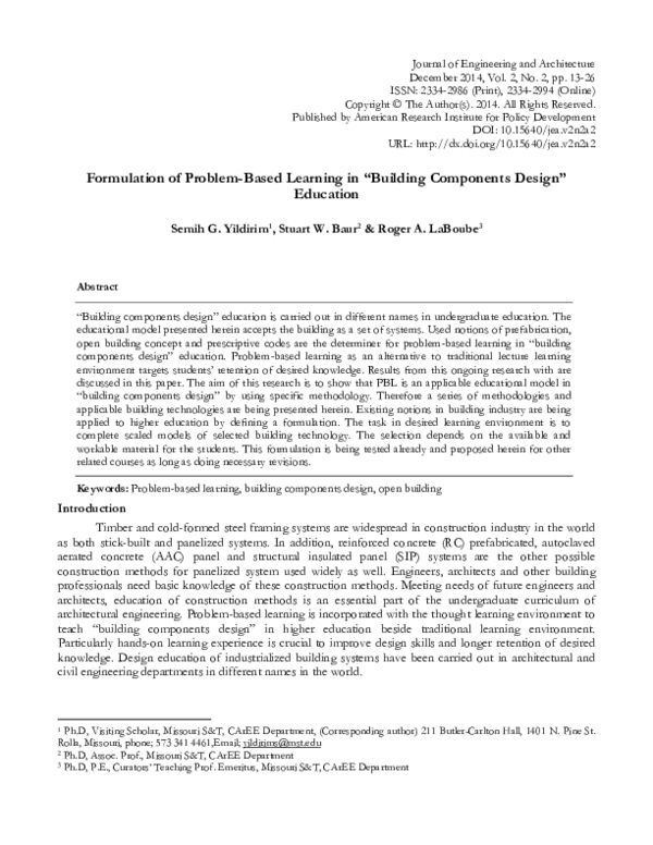 Pdf Formulation Of Problem Based Learning In Building Components
