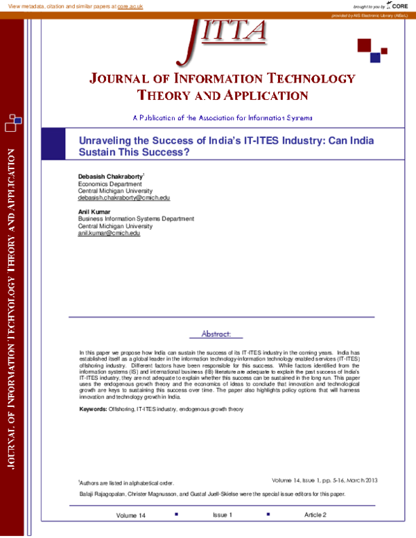 (PDF) Unraveling the success of India’s IT-ITES industry: Can India ...