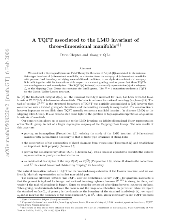 (PDF) Topological Quantum Field Theory from LMO Invariant