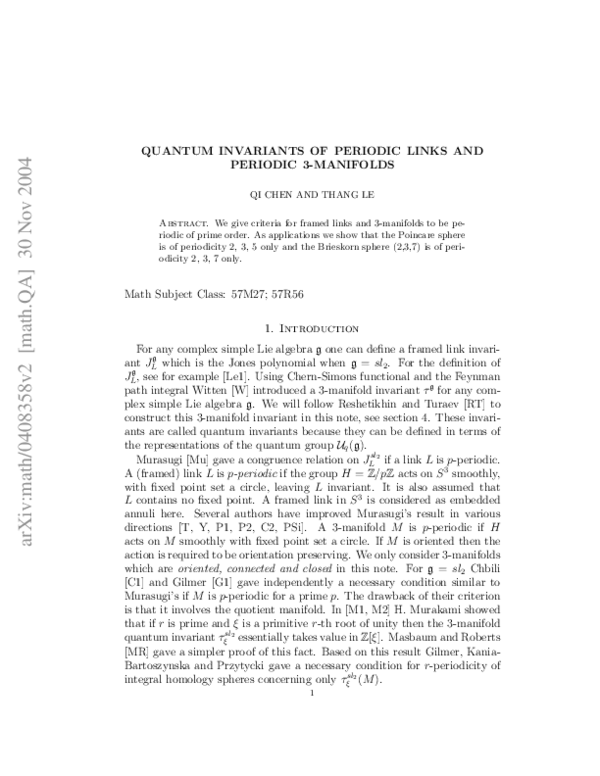 (PDF) Quantum invariants of periodic links and periodic 3-manifolds