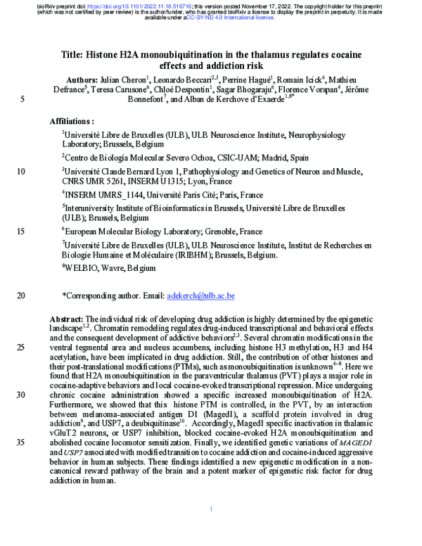 (PDF) Histone H2A monoubiquitination in the thalamus regulates cocaine ...