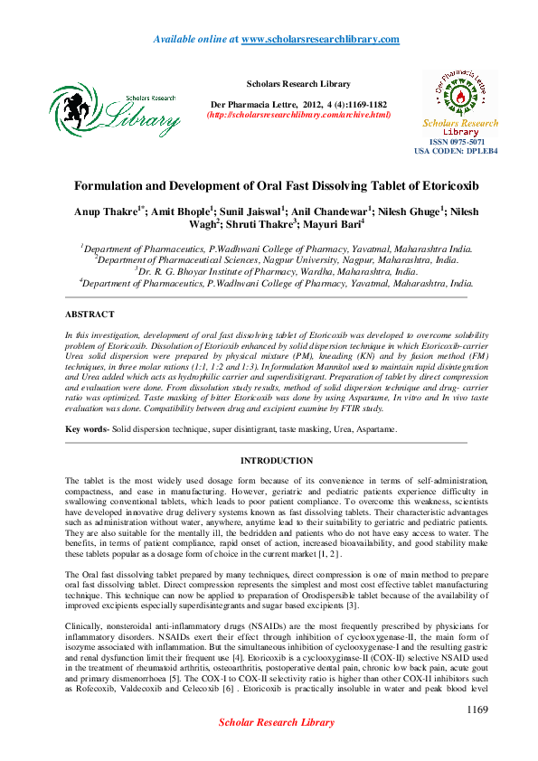 Pdf Formulation And Development Of Oral Fast Dissolving Tablet Using Etoricoxib Shruti