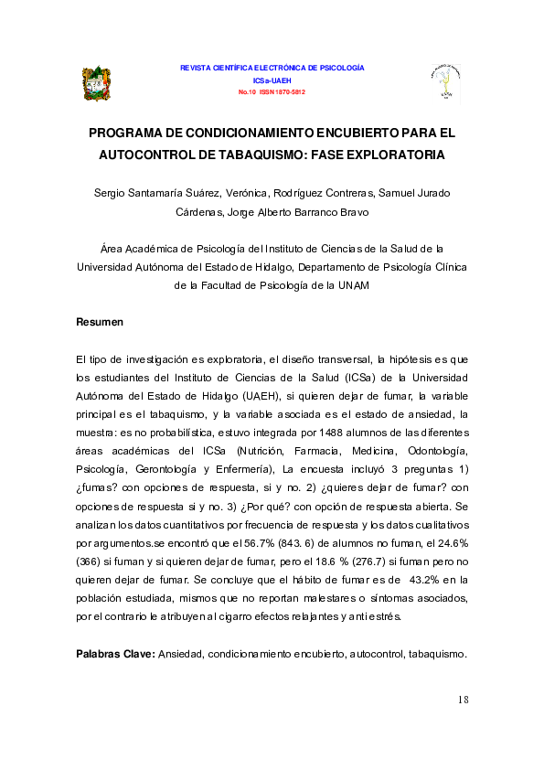 (PDF) Programa De Condicionamiento Encubierto Para El Autocontrol De Tabaquismo: Fase Exploratoria