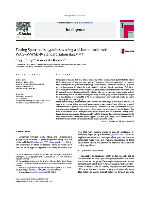(PDF) Testing Spearman's hypotheses using a bi-factor model with WAIS ...